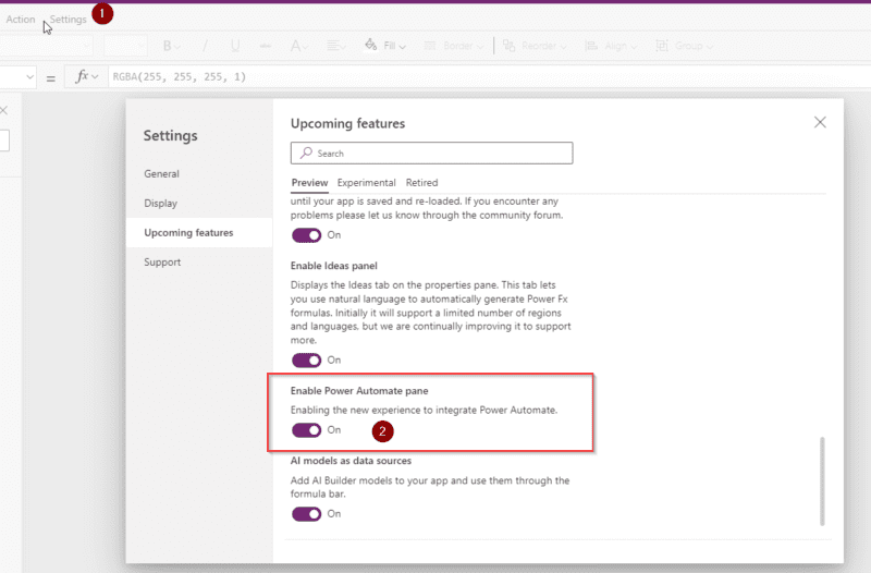 Using Canvas App Power Apps, Enable The Power Automate Pane.